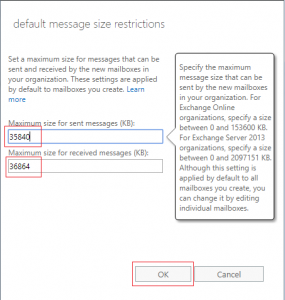 Increase attachment size in Office 365 Exchange Online Mailbox